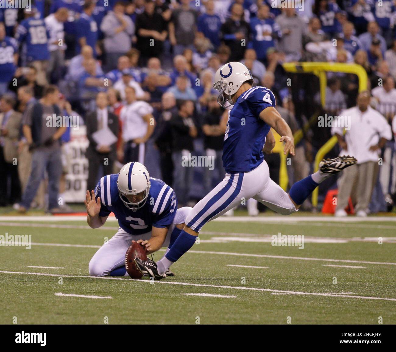 Indianapolis Colts place kicker Adam Vinatieri (4) kicks out of the ...