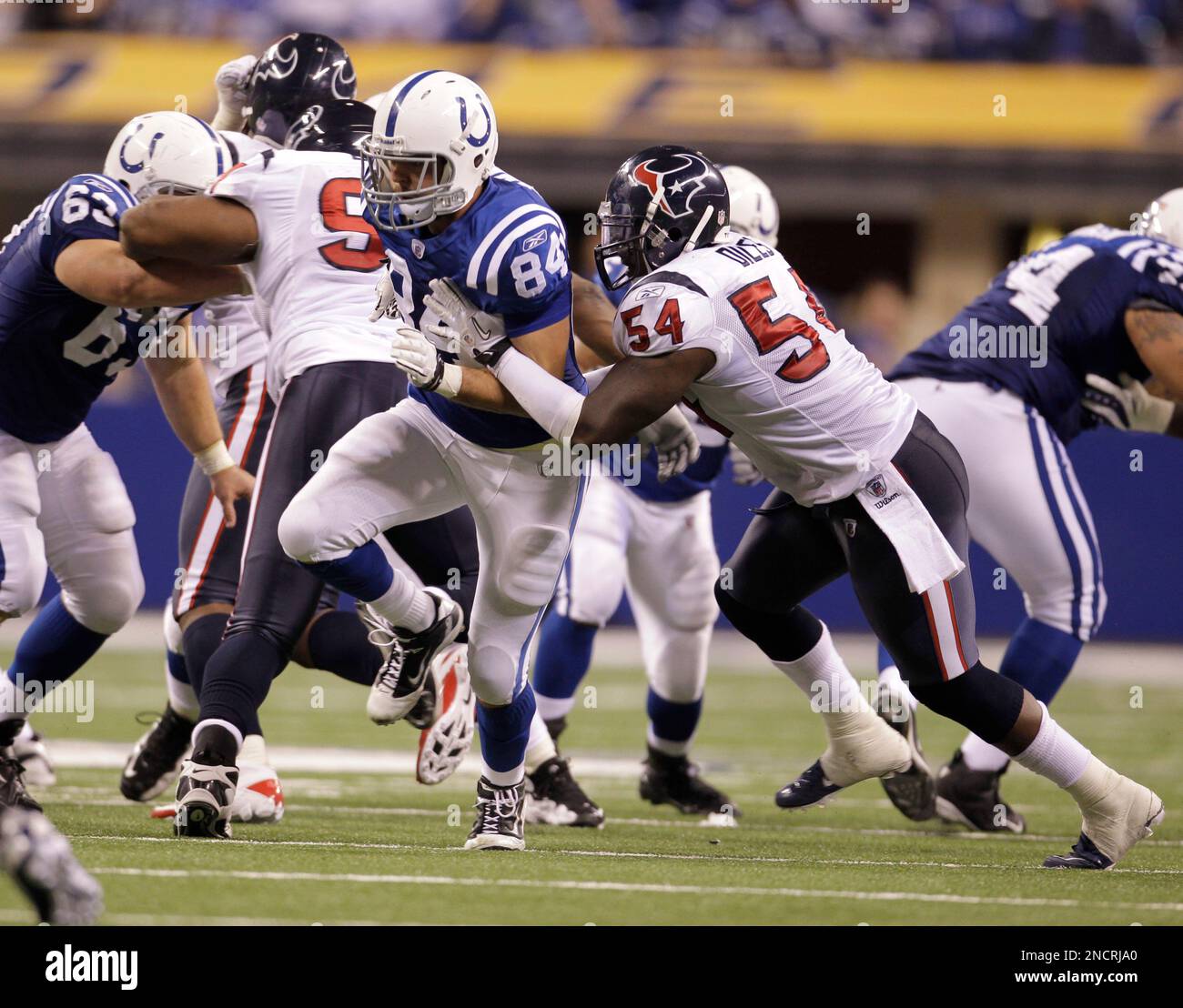 Indianapolis Colts tight end Jacob Tamme (84) is blocked by Houston ...