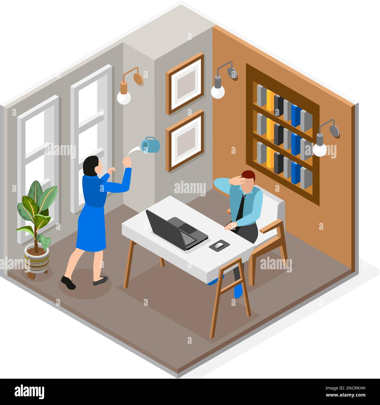 Isolated isometric bad boss concept supervisor throws a mug at his ...