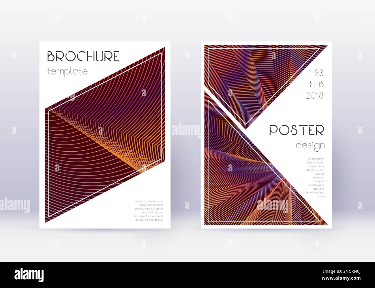 Triangle cover design template set. Orange abstract lines on wine red ...