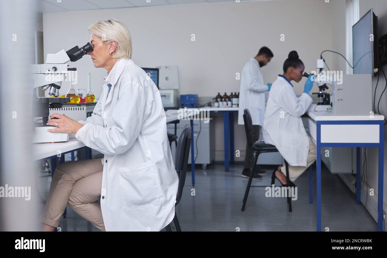 Science research, microscope and people in laboratory for medical ...