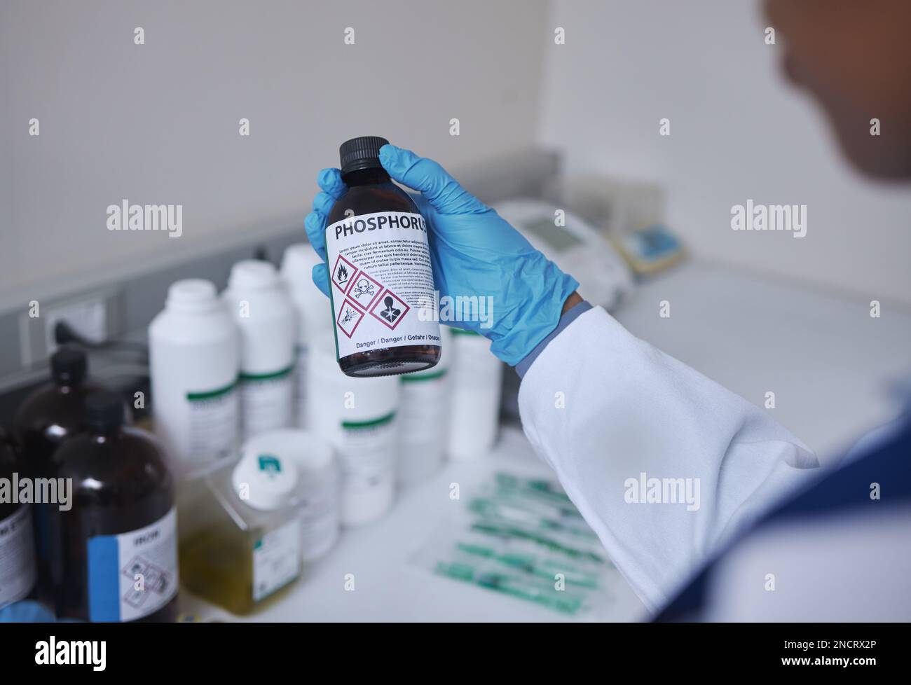 Hand, science or phosphorus and a doctor working in a lab with ...