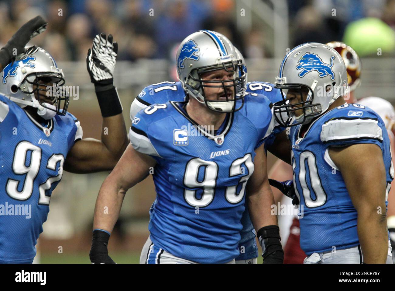 Detroit Lions defensive end Kyle Vanden Bosch (93) celebrates a tackle ...