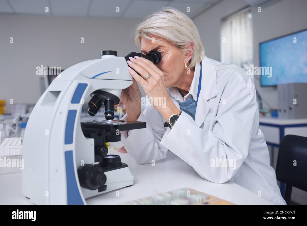 Senior woman, microscope and doctor in laboratory for research ...