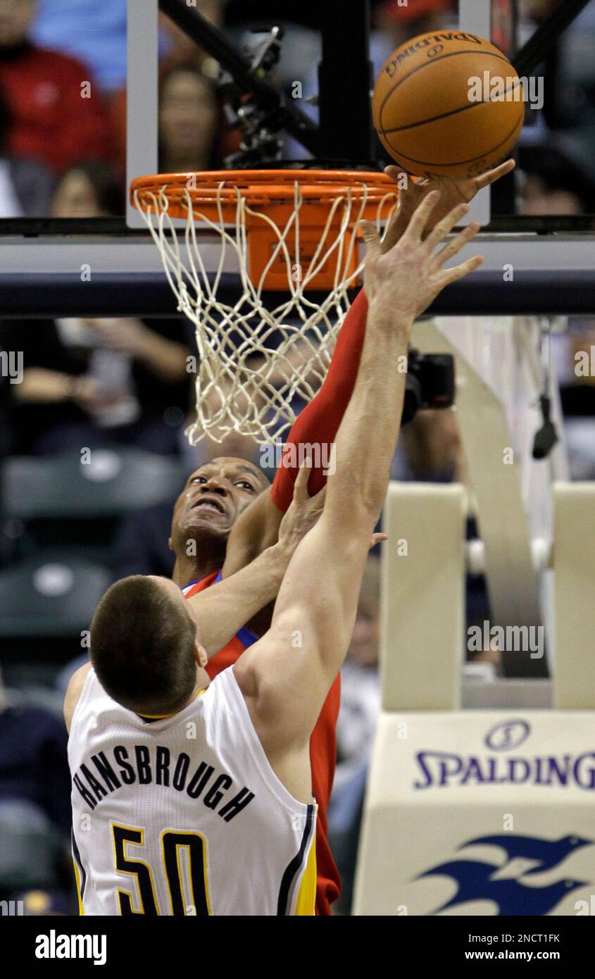 Indiana Pacers power forward Tyler Hansbrough (50) has his shot blocked ...