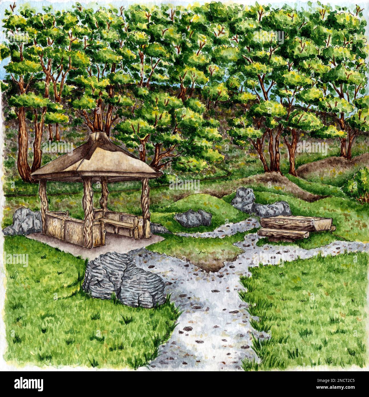 Watercolor illustration with architectural elements gazebo in the ...