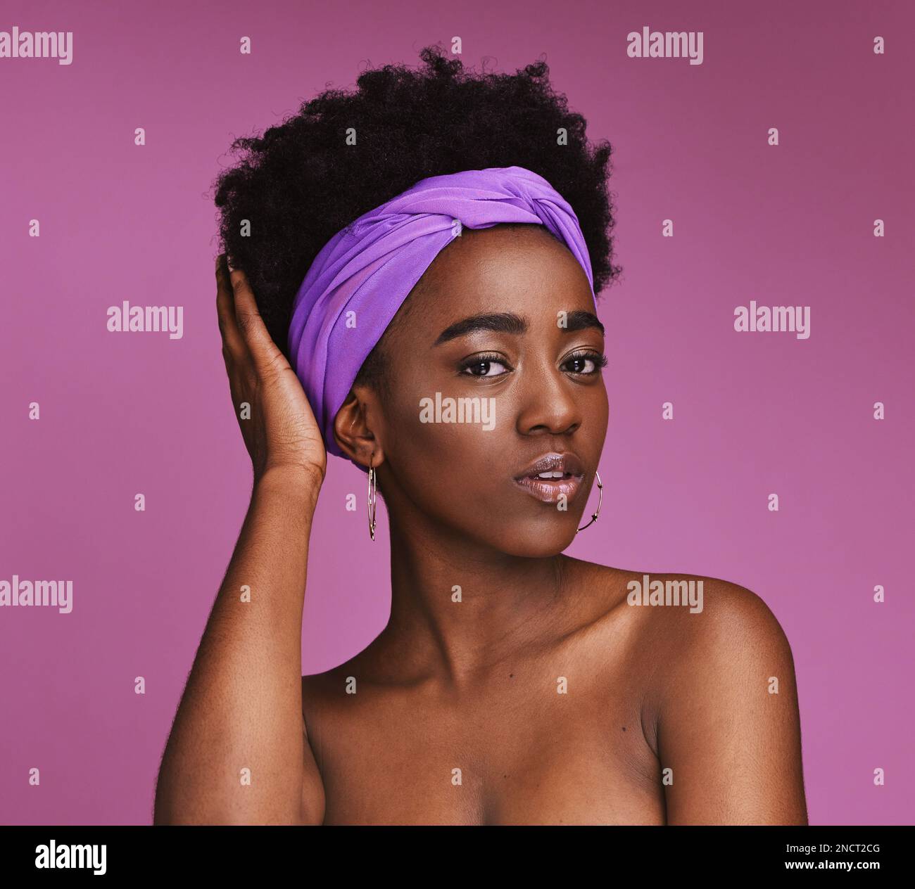 Portrait, hair and skincare with a model black woman on a pink ...