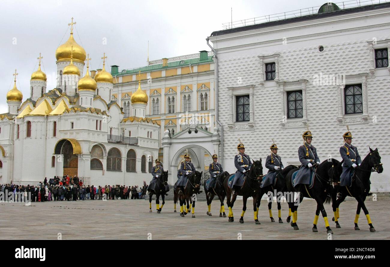 Kremlin cavalry guards parade in Cathedral Square during a ceremony of ...