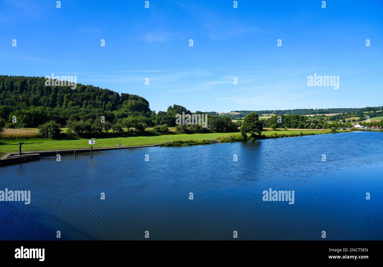 View from the Wilhelmshausen lock in the Fulda valley in Hesse ...