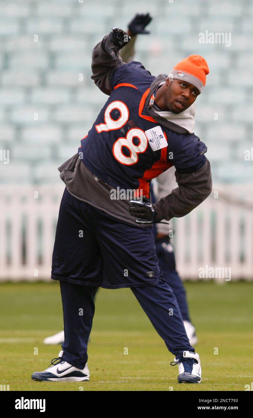 Denver Broncos Ryan McBean warms-up during a football training session ...