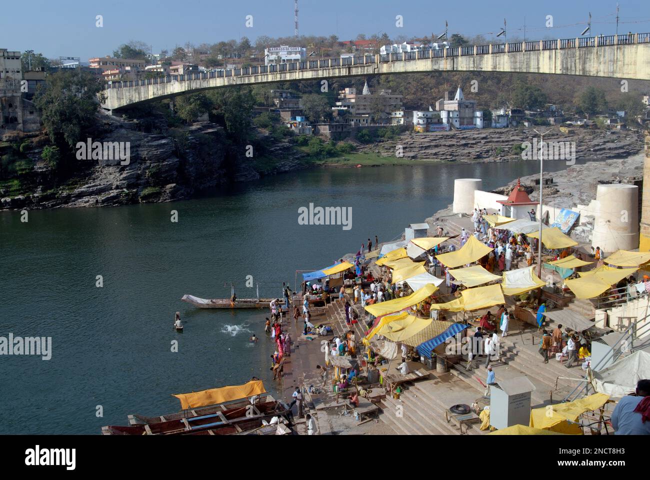 Hindu religious place Omkarehwar ghat on Narmada River at Omkarehwar ...
