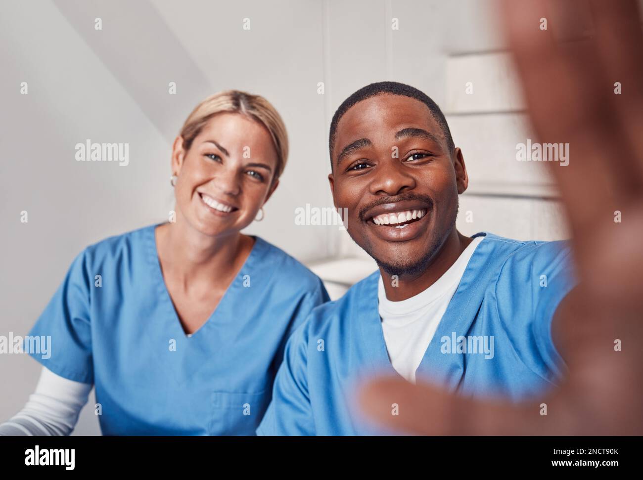 Selfie, healthcare and collaboration with friends posing for a picture ...