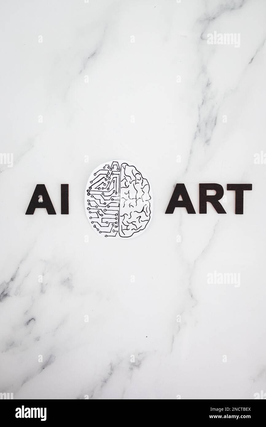 AI Art text with half human half robot brain, concept of Artificial ...