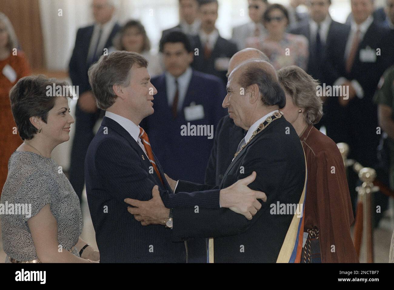 Vice President Dan Quayle embraces newly inaugurated Venezuelan Carlos ... Vice President Dan Quayle embraces newly inaugurated Venezuelan Carlos ...