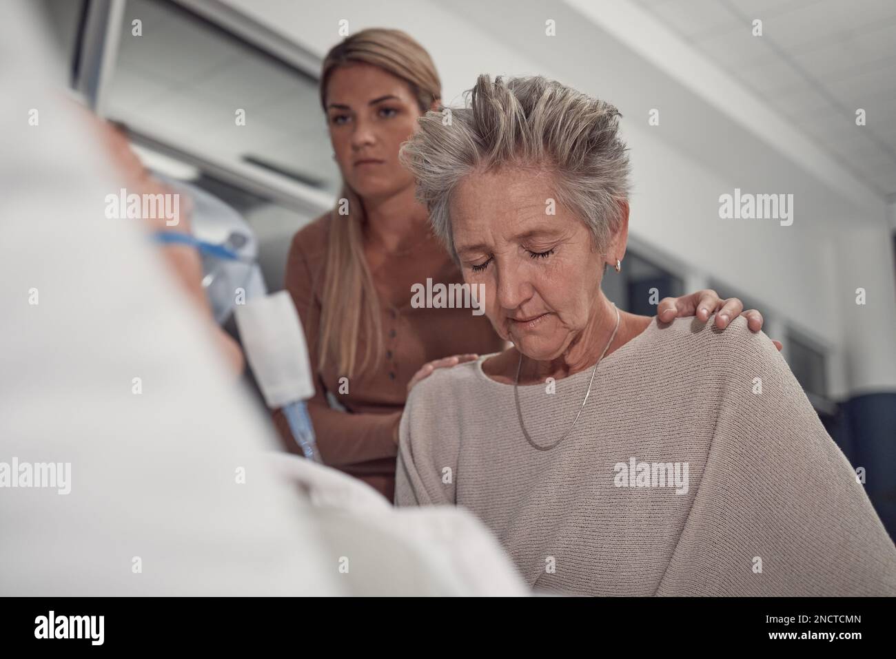 Sad woman visit her sick husband in hospital with the support and ...