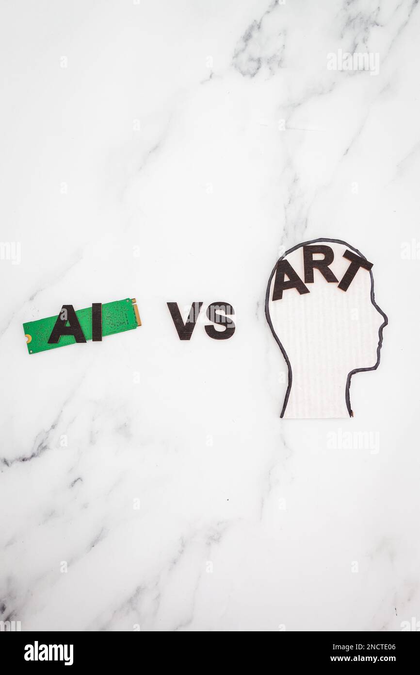 AI vs Art text with microchip and head icon, concept of Artificial ...