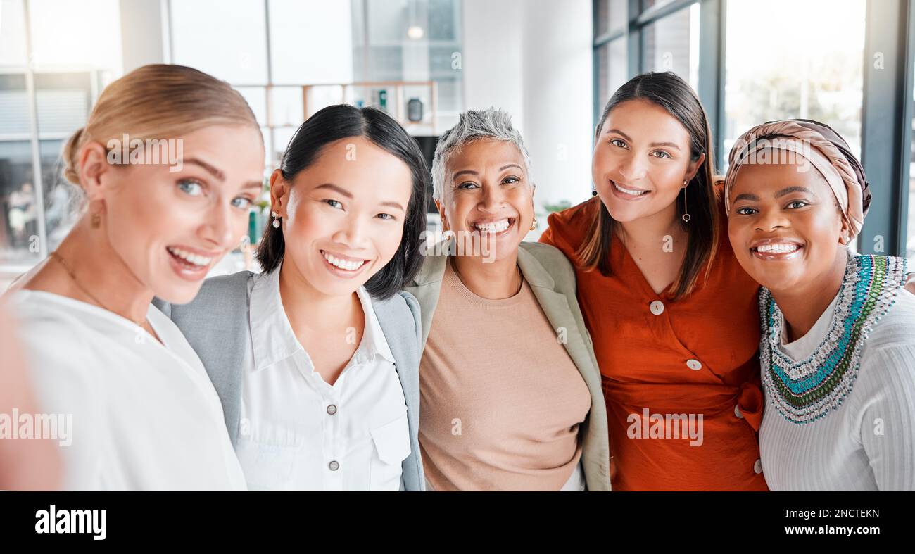 Business selfie, social media team and portrait of women in office with collaboration support ...