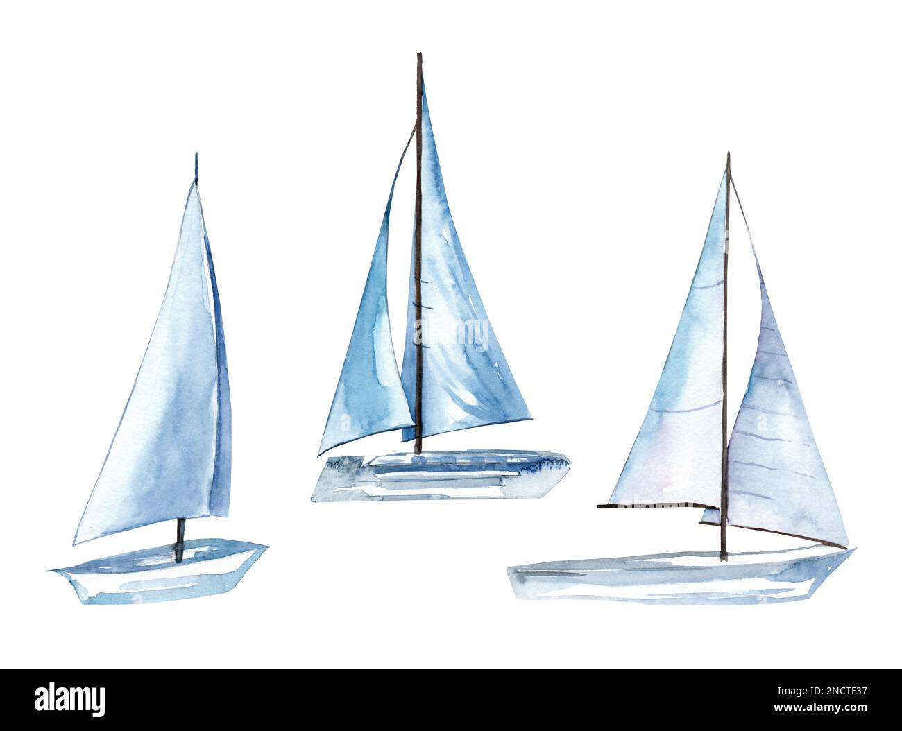 Sailing boat on the surface of the water. Set of watercolor ...