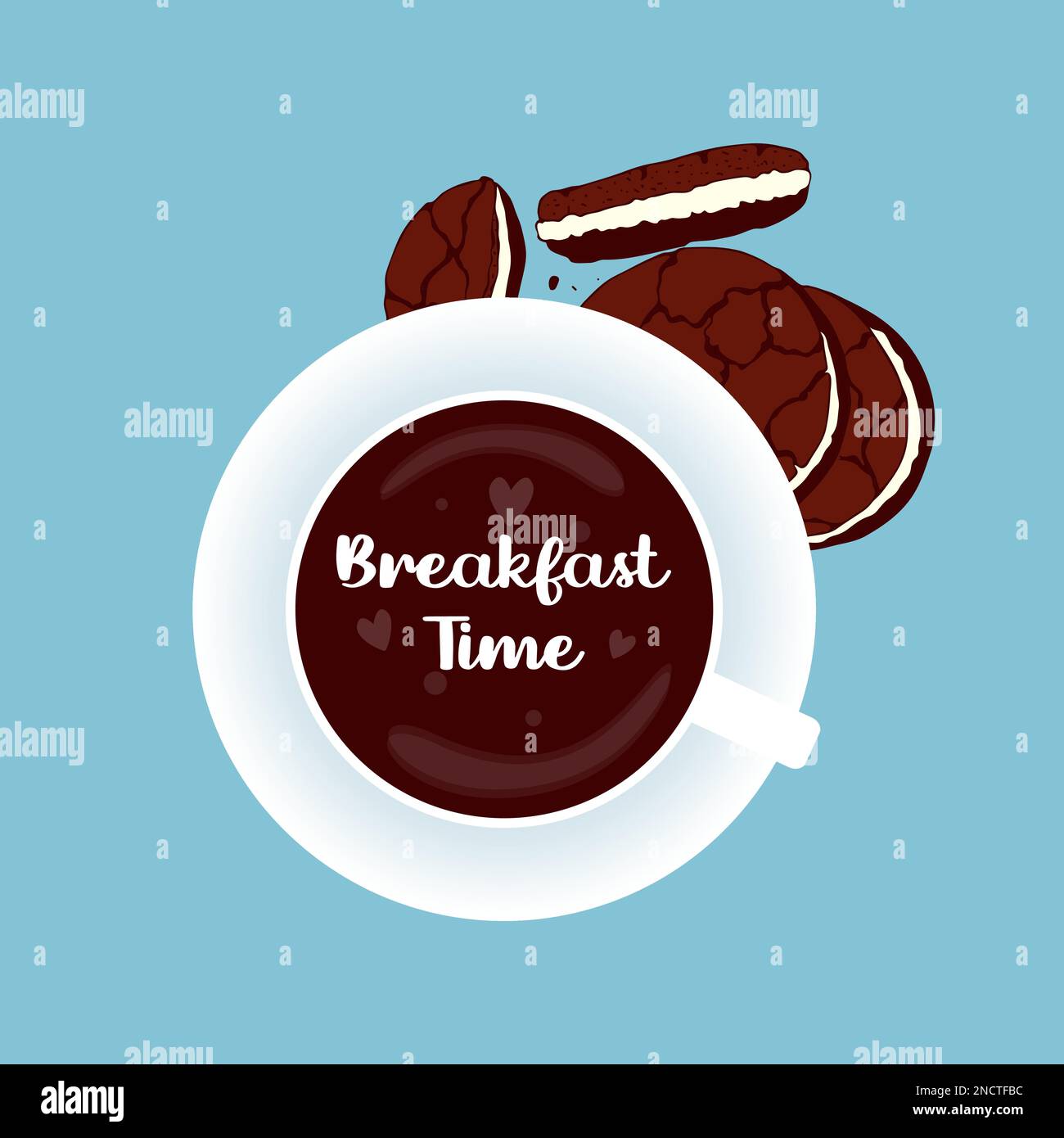 Breakfast time banner , chocolate cookie, cup coffe , blue background ...