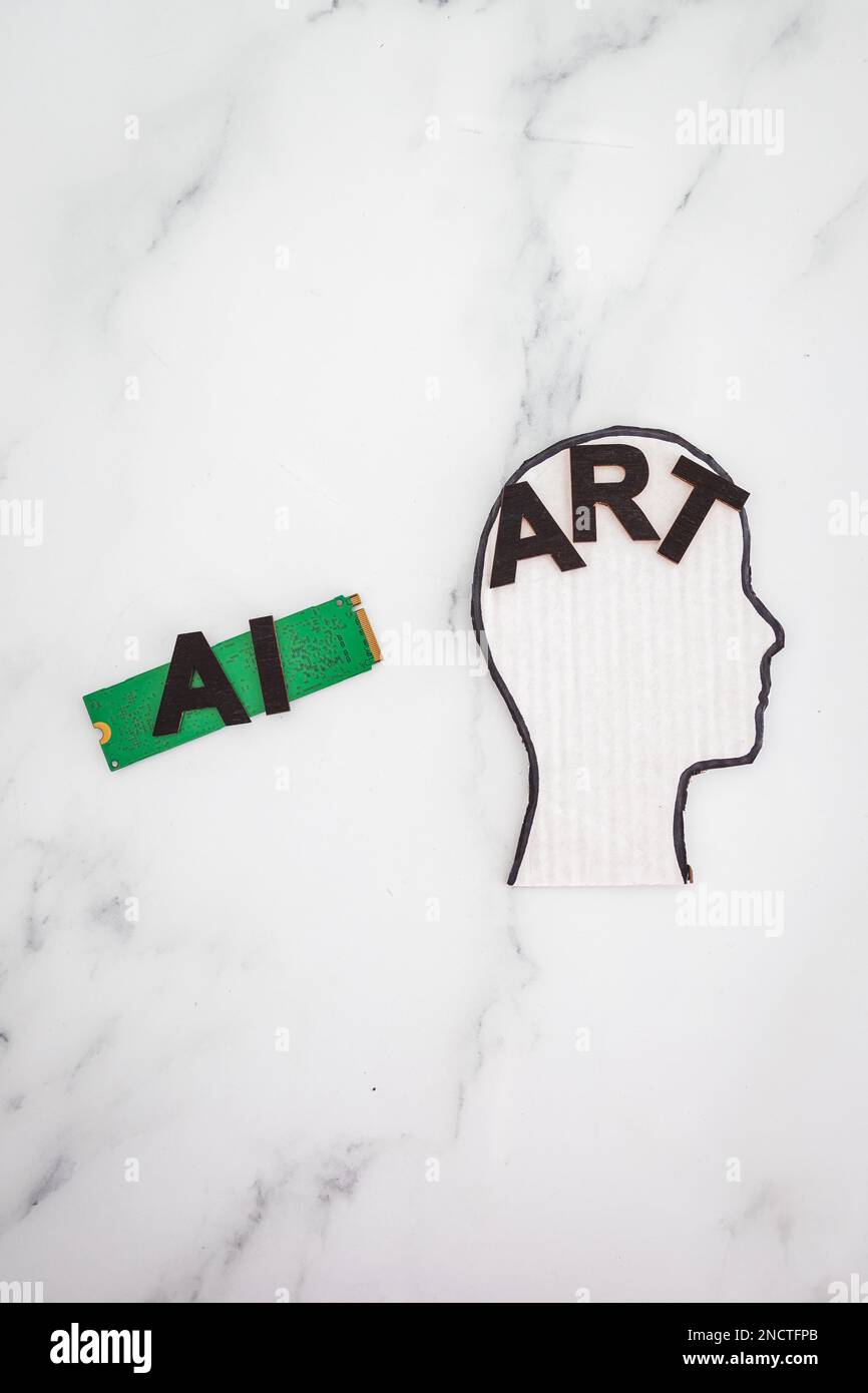 AI vs Art text with microchip and head icon, concept of Artificial ...