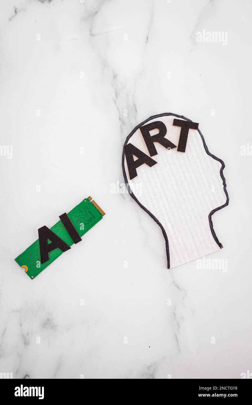 AI vs Art text with microchip and head icon, concept of Artificial ...