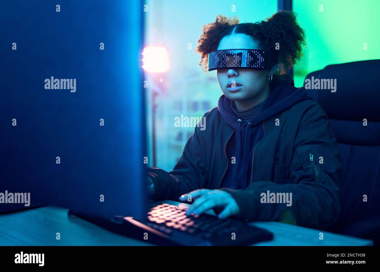 Computer Hacker Cyberpunk And Neon Girl Hacking Software Online Server Or Programming Password