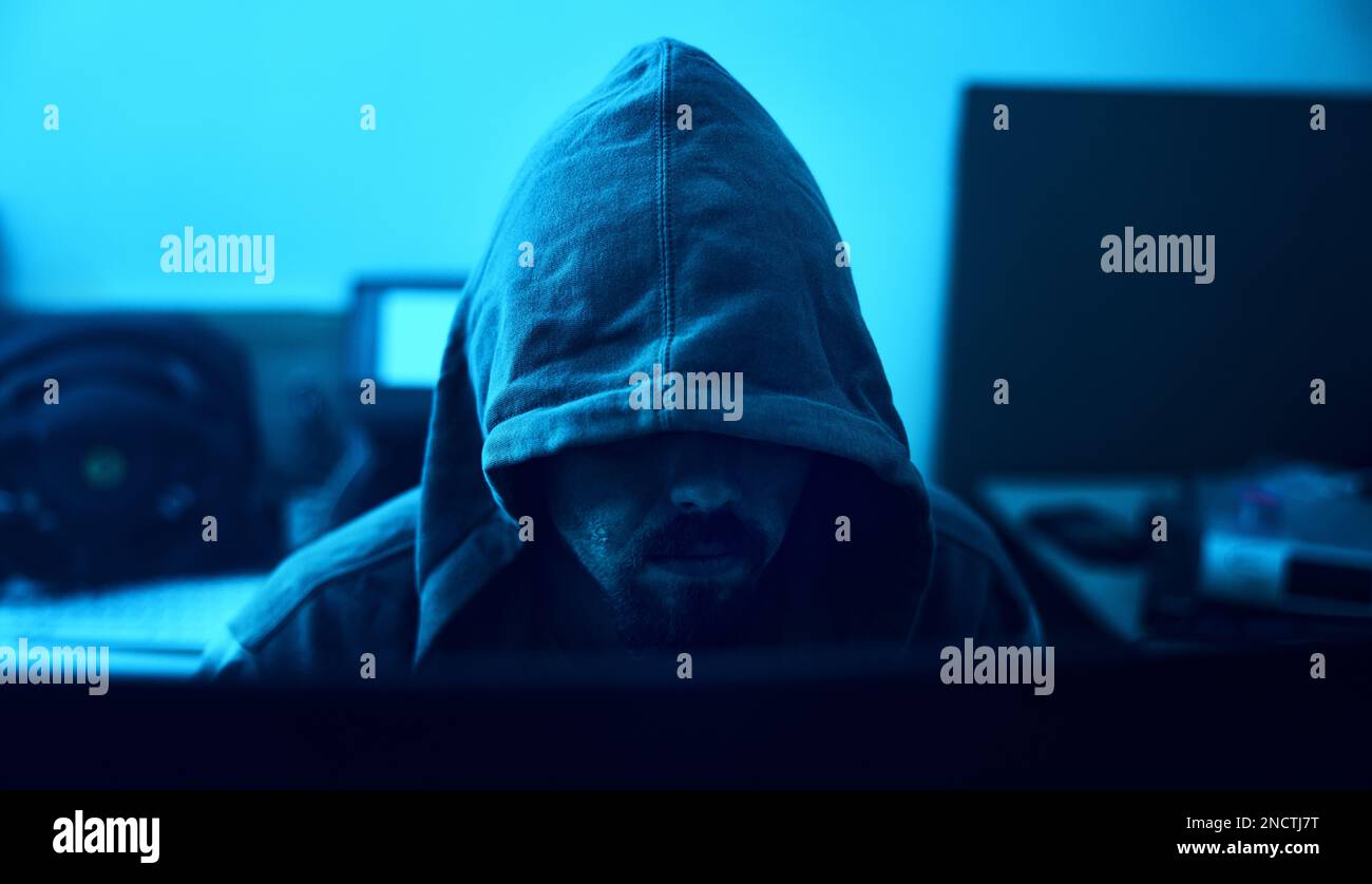 Computer, night hoodie or neon hacker hacking database software, online server or man password ...