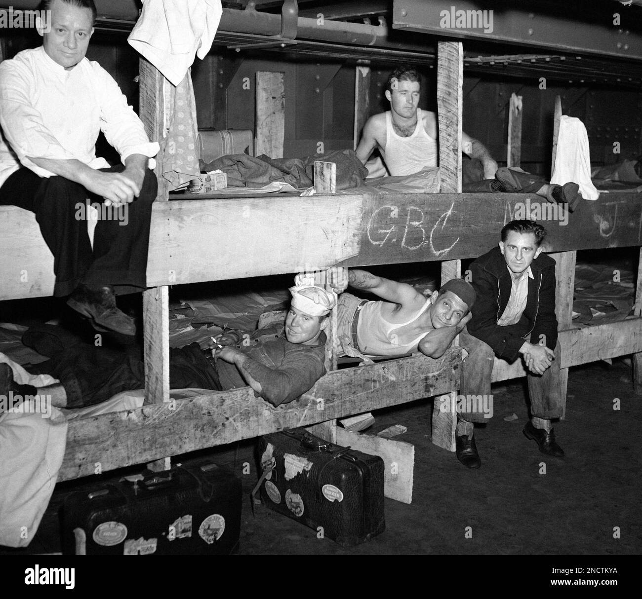 Improvised berths below deck on the rescue ship, City of Flint ...