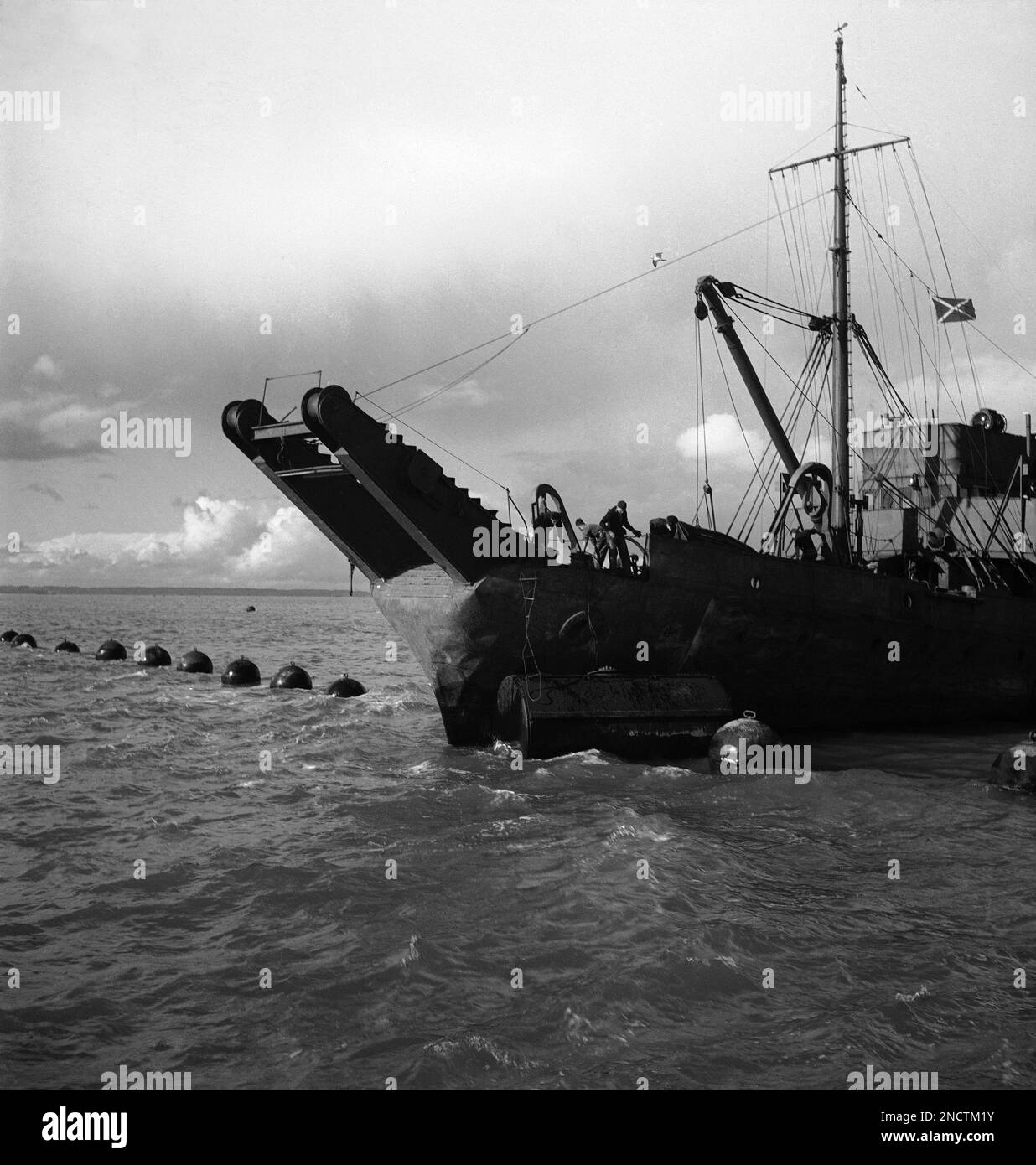 The bow of a Boom Defense ship, Nov. 19, 1942. The twin horns are for ...