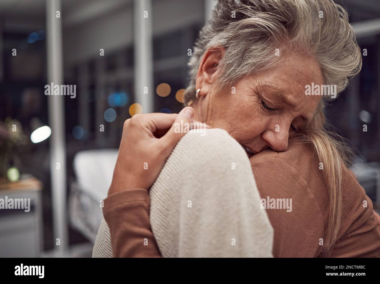 Hug, support and family at hospital to comfort after cancer diagnosis ...