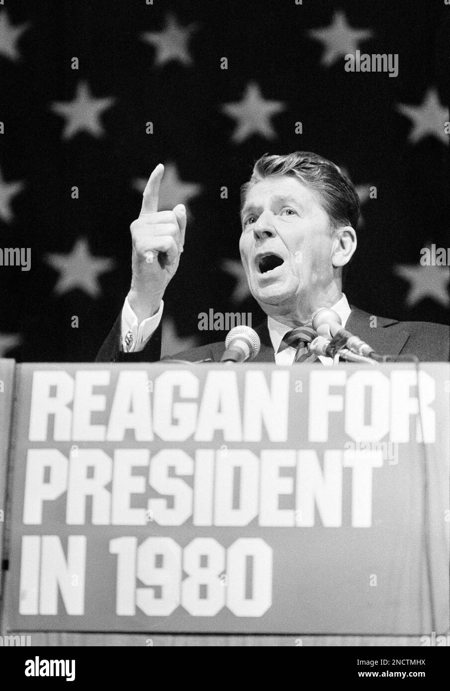 Ronald Reagan emphasizes a point with his finger during a speech at the ...
