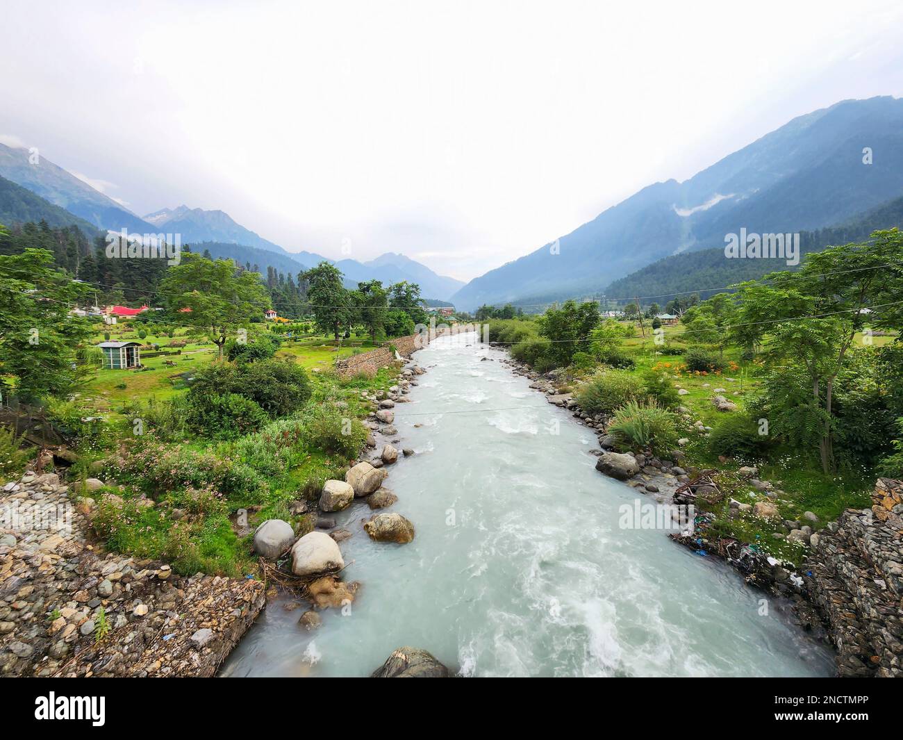 Lidder River from Pahalgam against mountainscape, Kashmir, India Stock ...