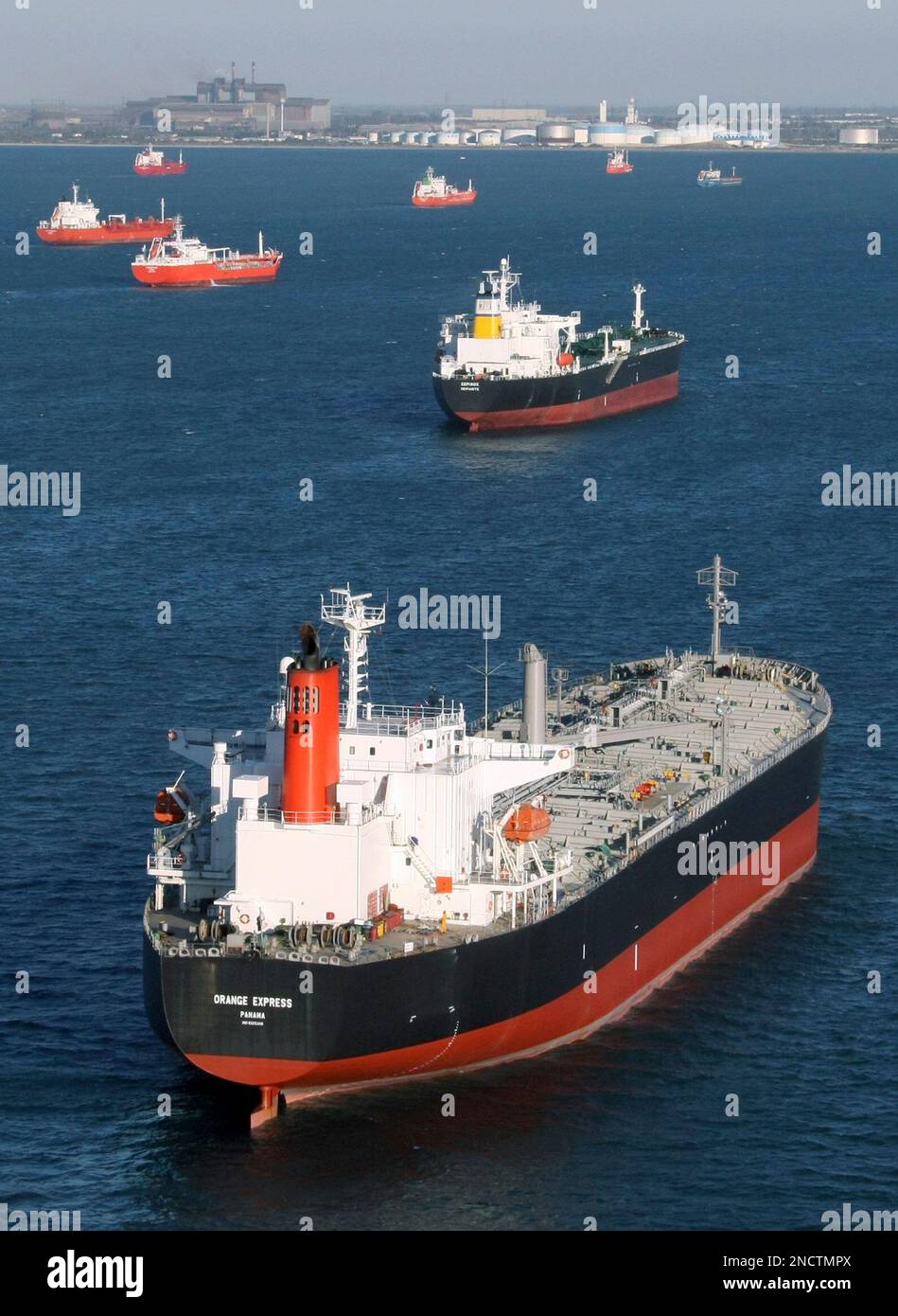 Aerial view of oil tankers and other vessels waiting off Marseille's ...