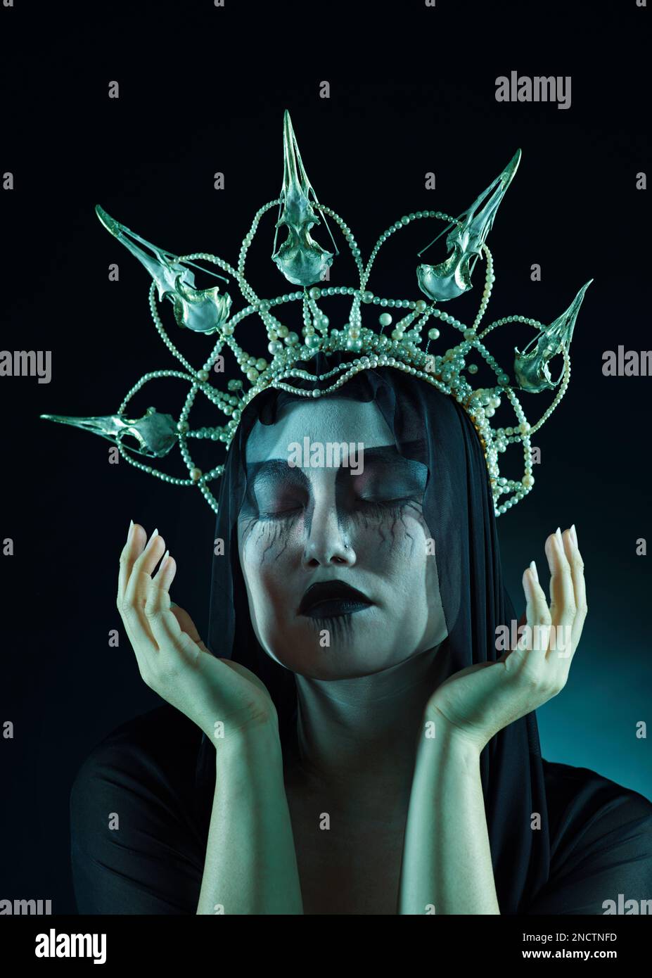 Makeup, dark art and queen woman isolated on black background for ...