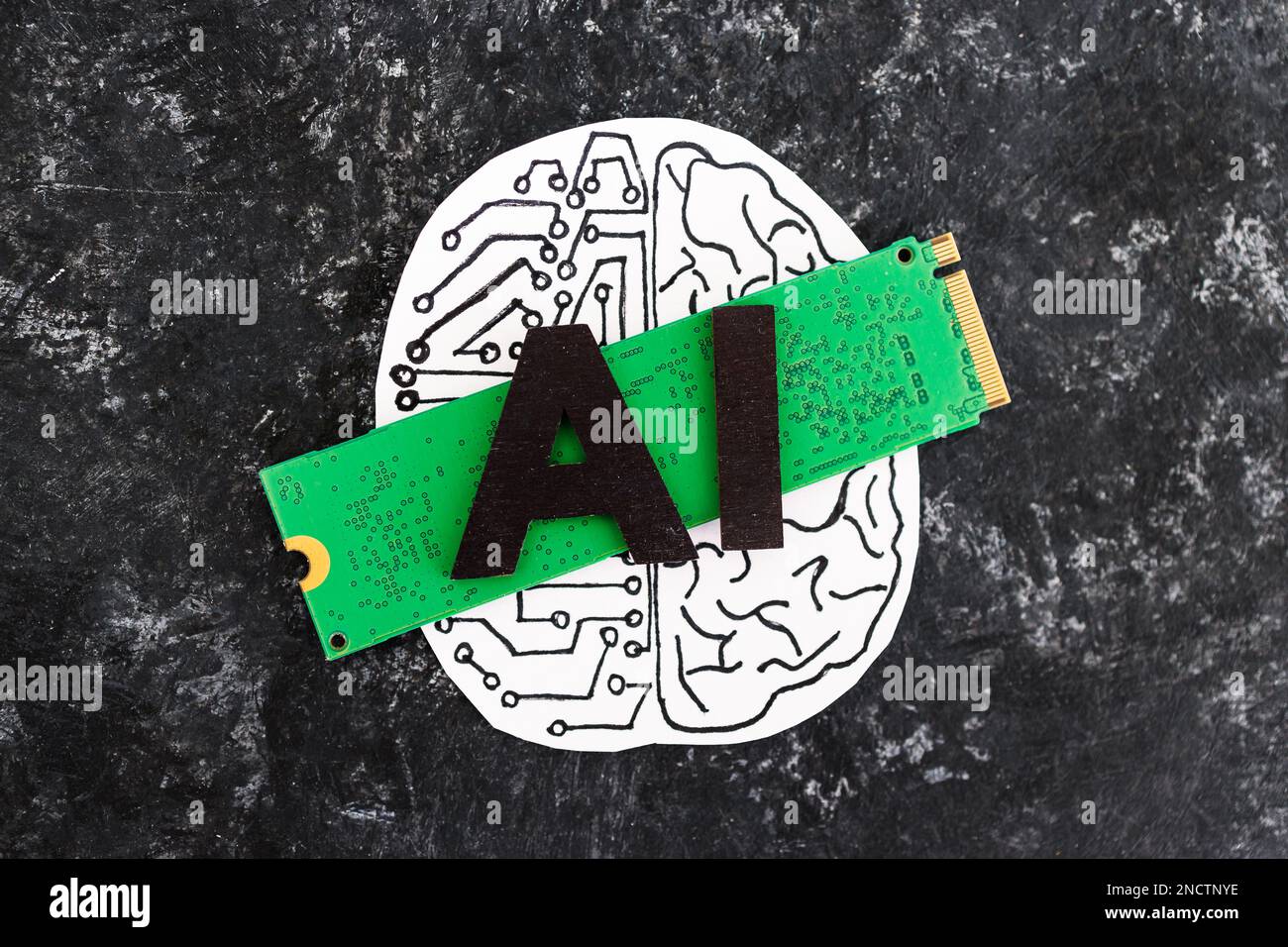 AI text on top of microchip and half human half robot brain, the rise ...