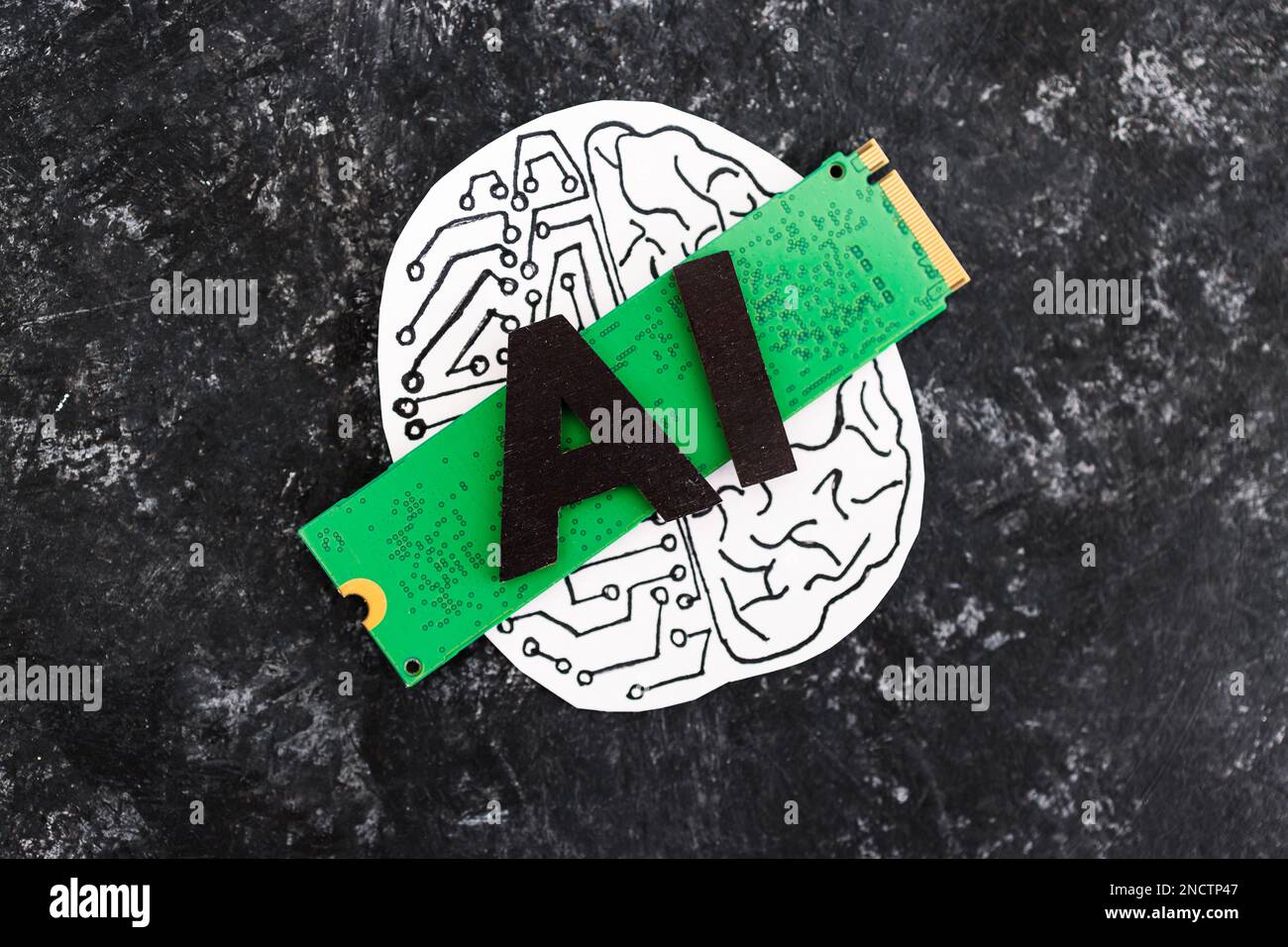 AI text on top of microchip and half human half robot brain, the rise ...