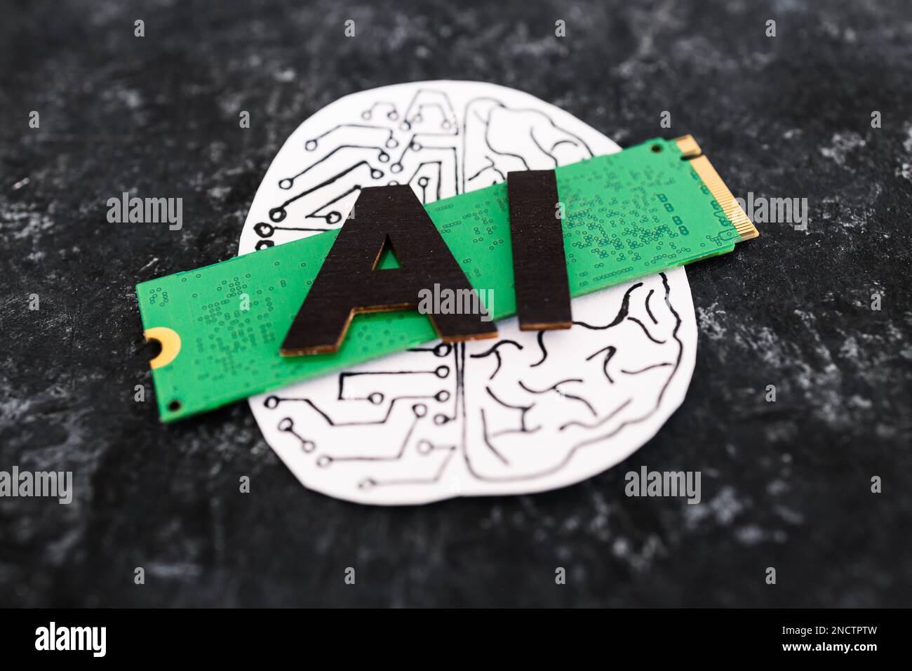 AI text on top of microchip and half human half robot brain, the rise ...
