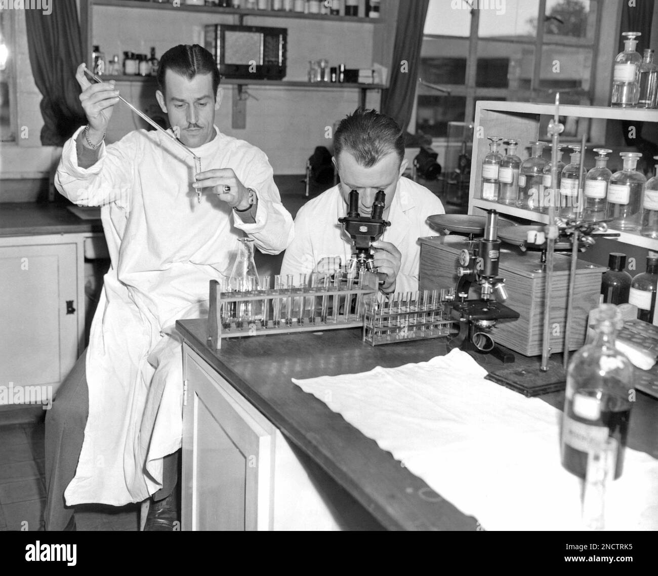 Ohio soldiers at work in the modern laboratory of a U.S. Army hospital ...
