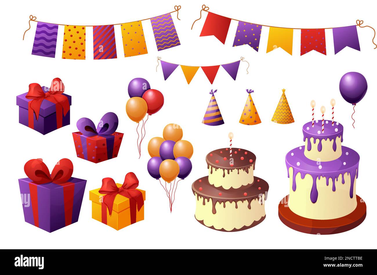 Set birthday elements, celebration cake and presents, garland and ...