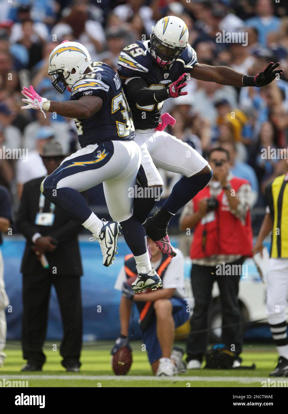 San Diego Chargers fullback Mike Tolbert, left, and linebacker Kevin ...