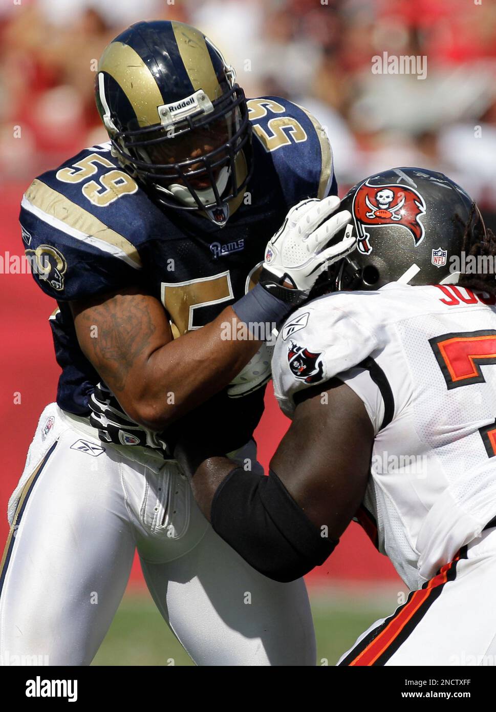 St. Louis Rams linebacker Larry Grant (59) battles Tampa Bay Buccaneers ...