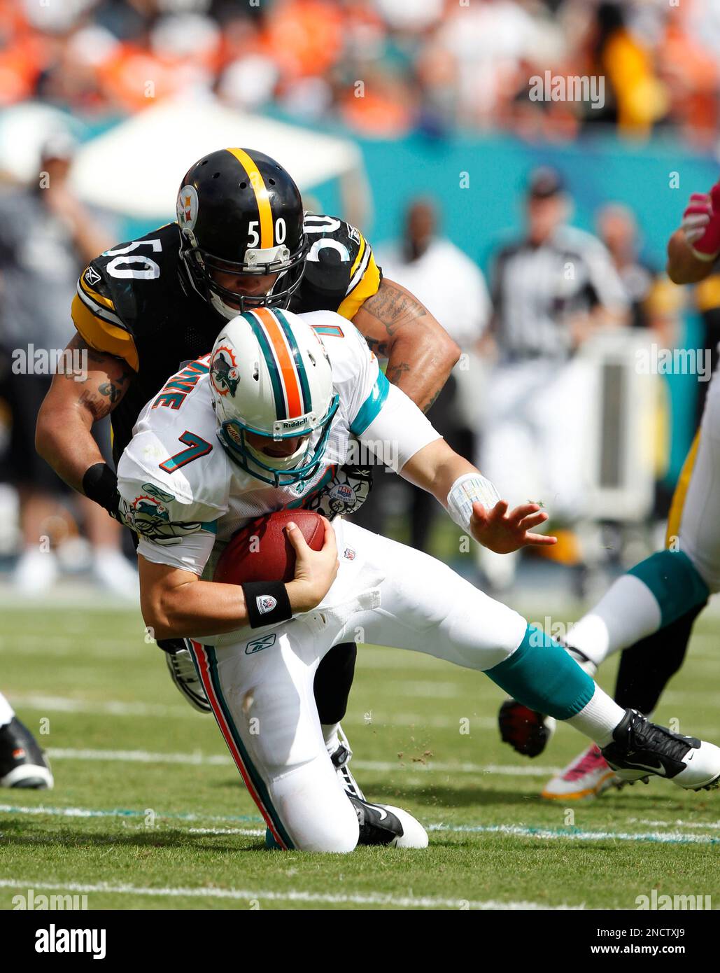 Pittsburgh Steelers' Larry Foote (50) sacks Miami Dolphins quarterback ...