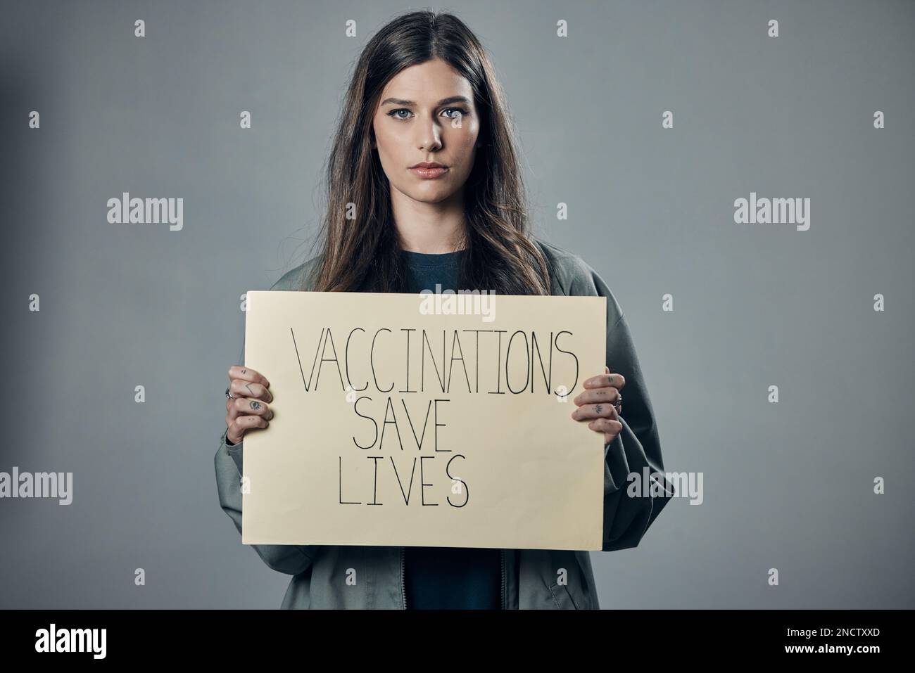 Woman, protest and poster for vaccination, flu shot or health and ...