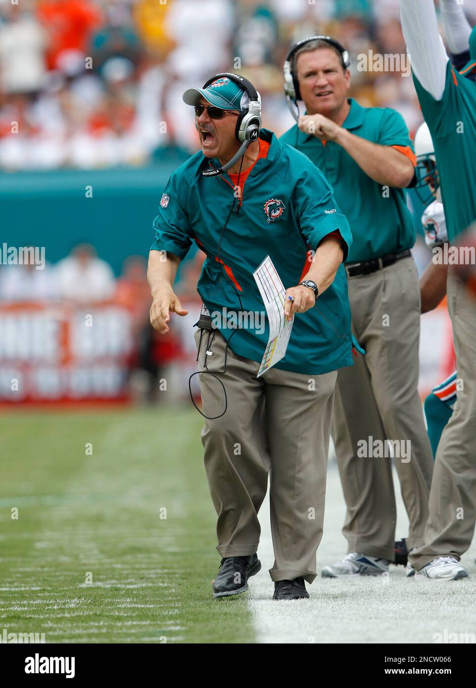 MIami Dolphins coach Tony Sparano yells at his tema during the first ...
