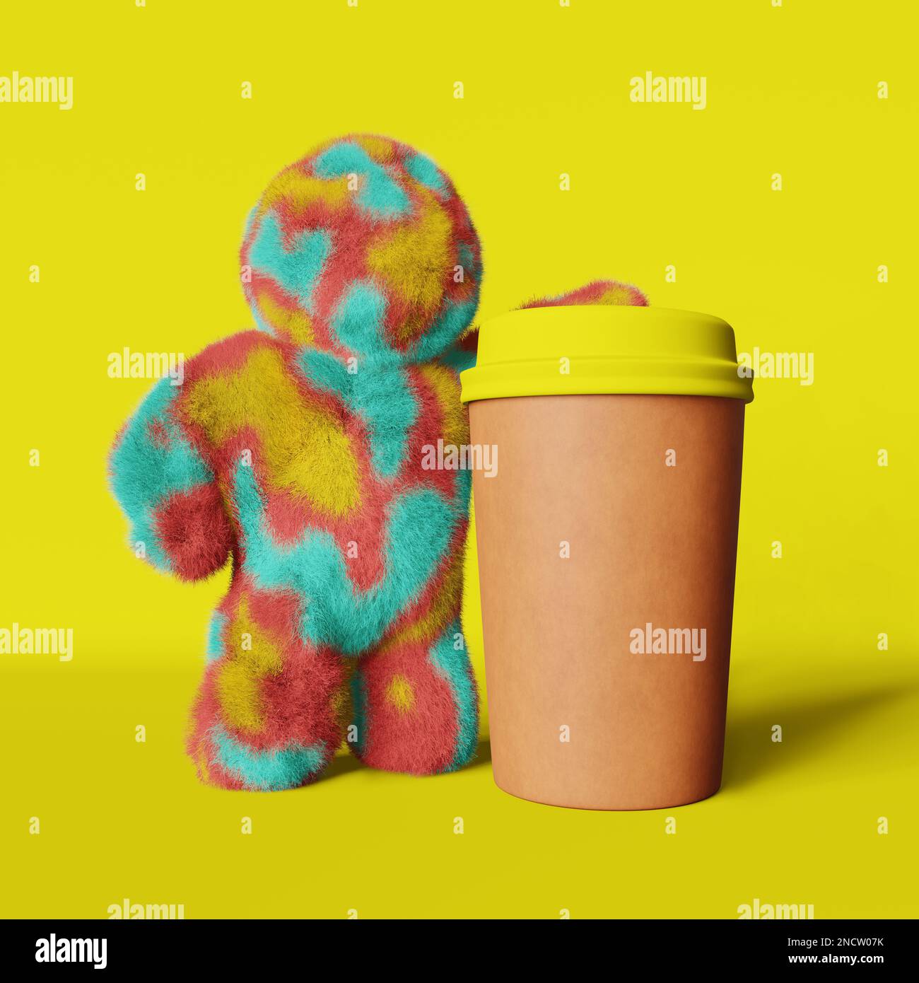 Cute plush rainbow Yeti paper coffee cup mockup 3D rendering. Tea shop ...