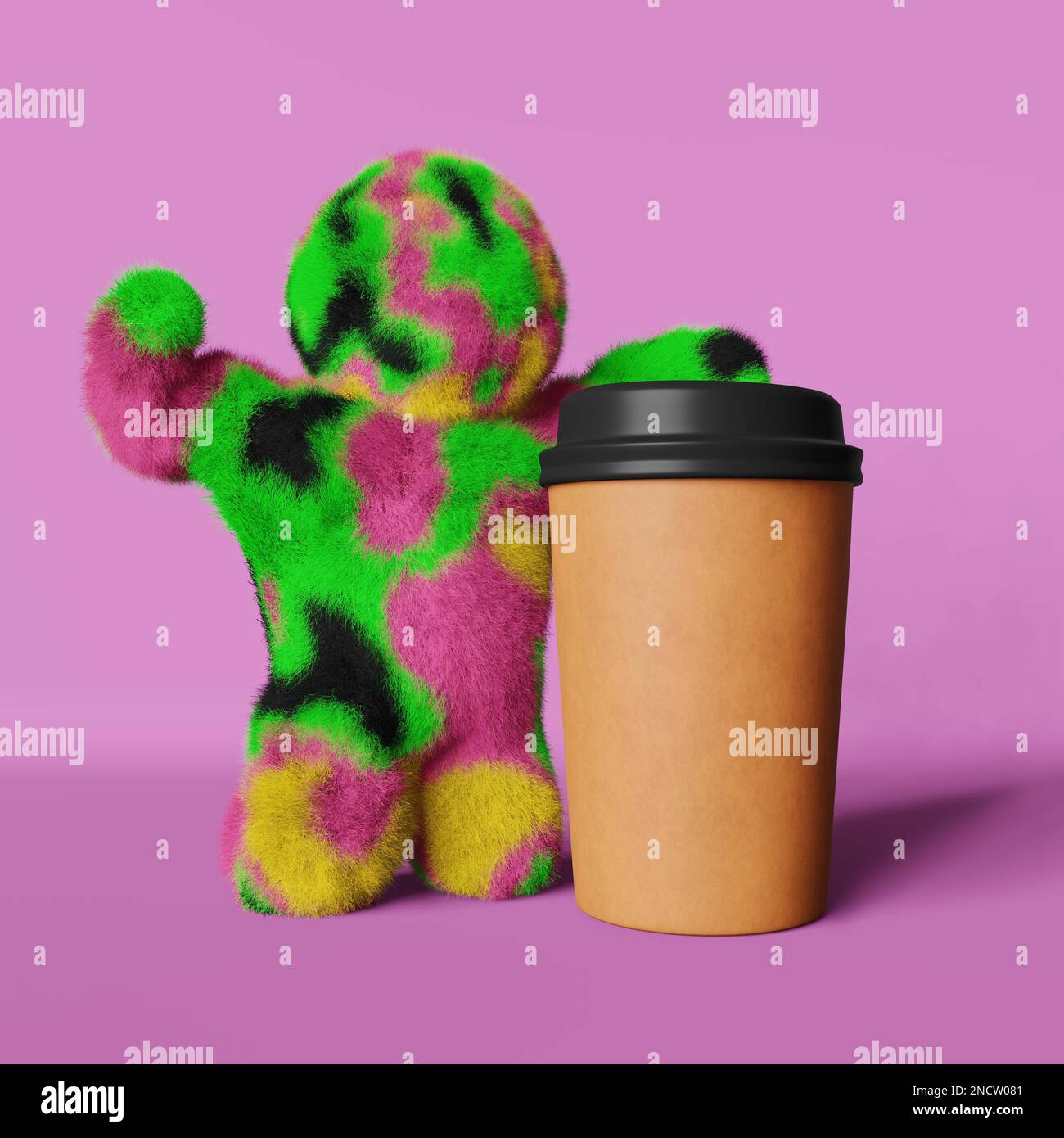 Cute strong plush rainbow Yeti coffee cup mockup 3D rendering. Tea shop ...
