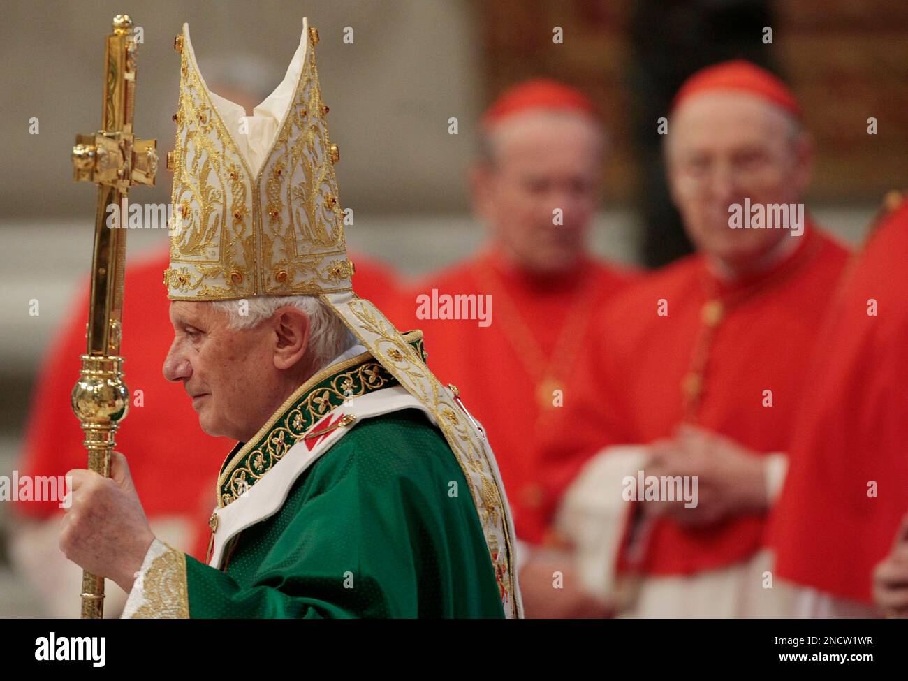 Pope Benedict XVI walks with his pastoral staff as he celebrates a Mass ...