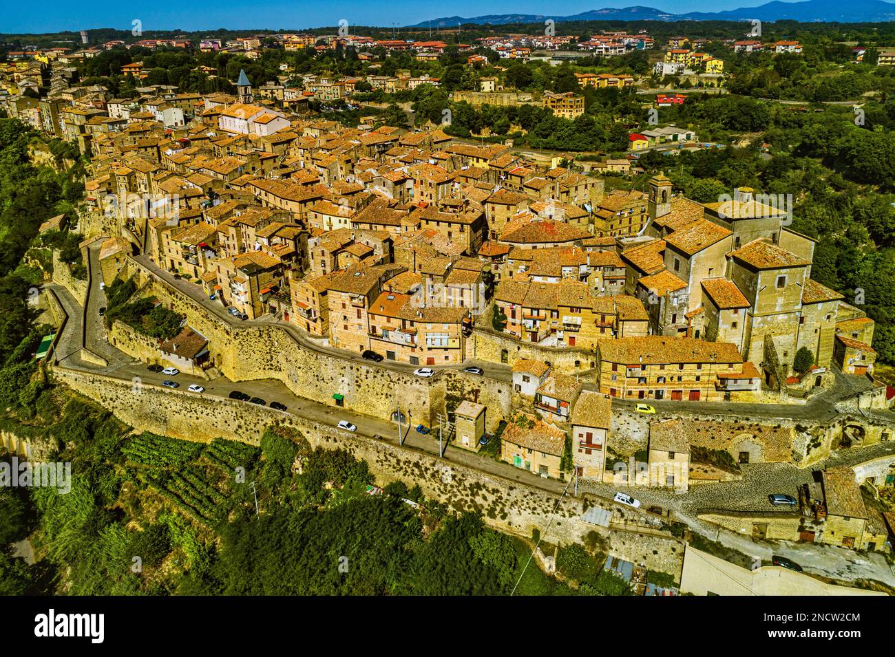 Aerial view of the medieval village of Civita di Grotte di Castro which ...