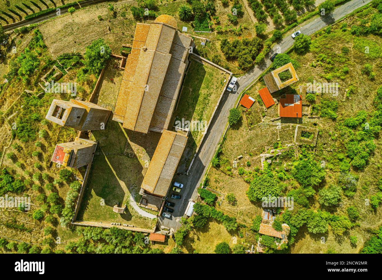 Aerial view of the medieval basilica of San Pietro in Tuscania, site of ...