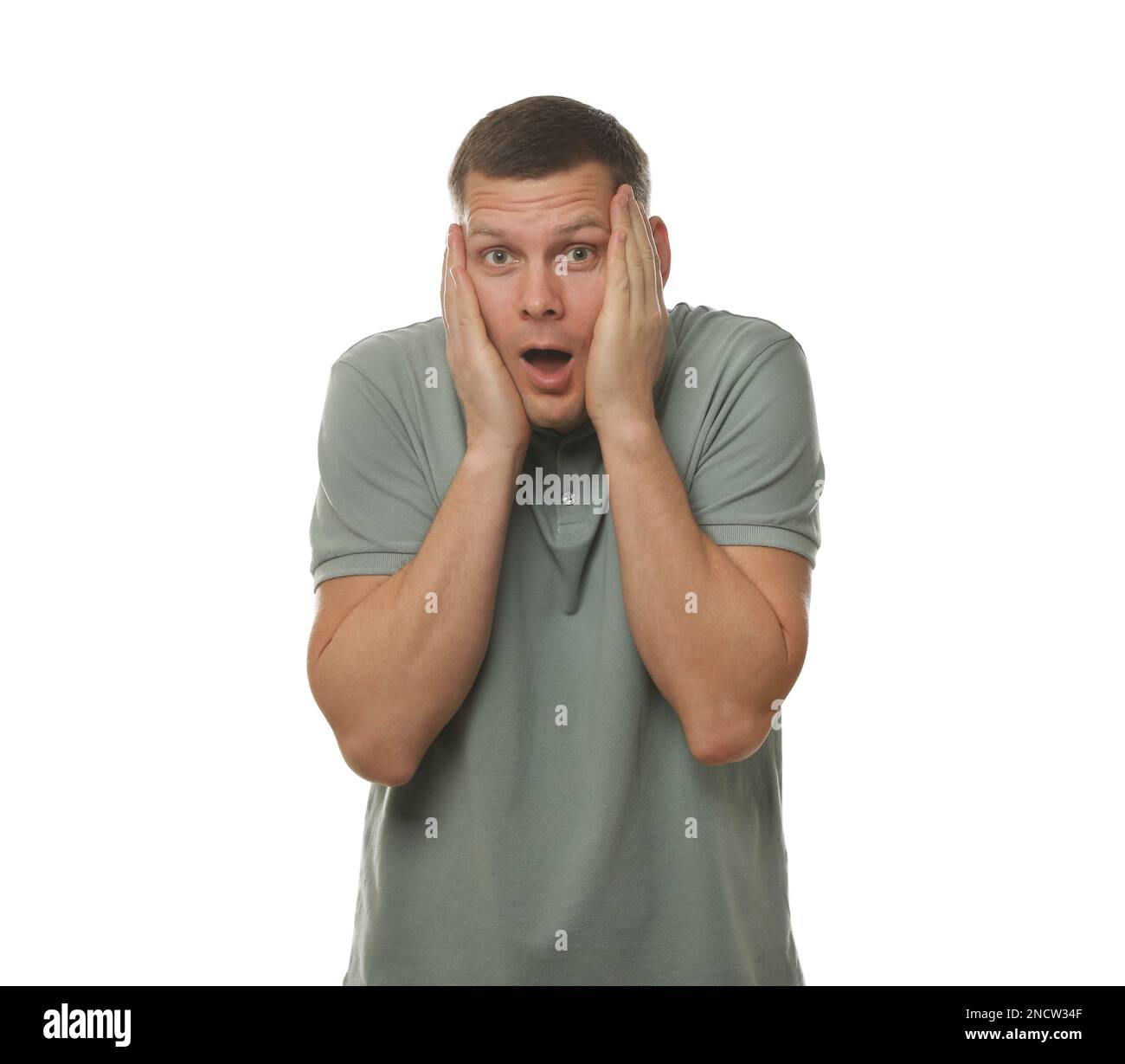 Mature man feeling fear on white background Stock Photo - Alamy